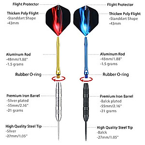 centaur 12 Pack Steel Tip Darts, Professional 22 Grams Metal Dart Set with 4 Colors Premium Aluminum Shafts and PET Flights and Dart Case, Flight Protector Dart Board Kit Accessories, Silver & Black