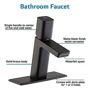 POP SANITARYWARE Waterfall Bathroom Sink Faucet with Deck Plate Matte Black Bathroom Faucets for Sink 1 or 3 Hole, Single Handle Solid Brass Bathroom Lavatory Faucet
