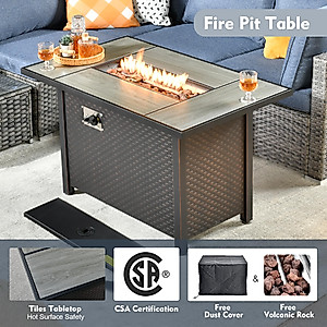 CAODOC 11 Pieces Outdoor Patio Furniture Set, Rattan Wicker Sectional Glide Rocker Chairs Sets with Fire Pit, Swivel Glider Chairs, and Coffee Table