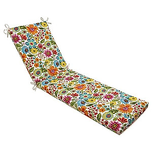 Pillow Perfect Bright Floral Indoor/Outdoor Solid Back Chaise Lounge Cushion with Ties Plush Fiber Fill, Weather, and Fade Resistant, 80" x 23", Blue/Purple Gregoire