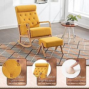 Comfy Rocking Chair with Ottoman, Upholstered Glider Rocker for Baby Nursery, Mid Century Modern Accent Armchair with Side Pocket for Living Room and Bedroom, Yellow Linen