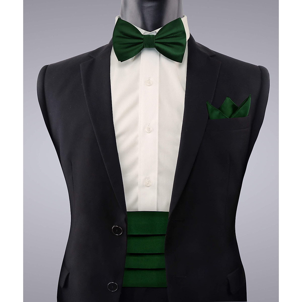 Alizeal Mens Prom Bow Tie, Handkerchief and Cummerbund Set (Solid Dark Green)