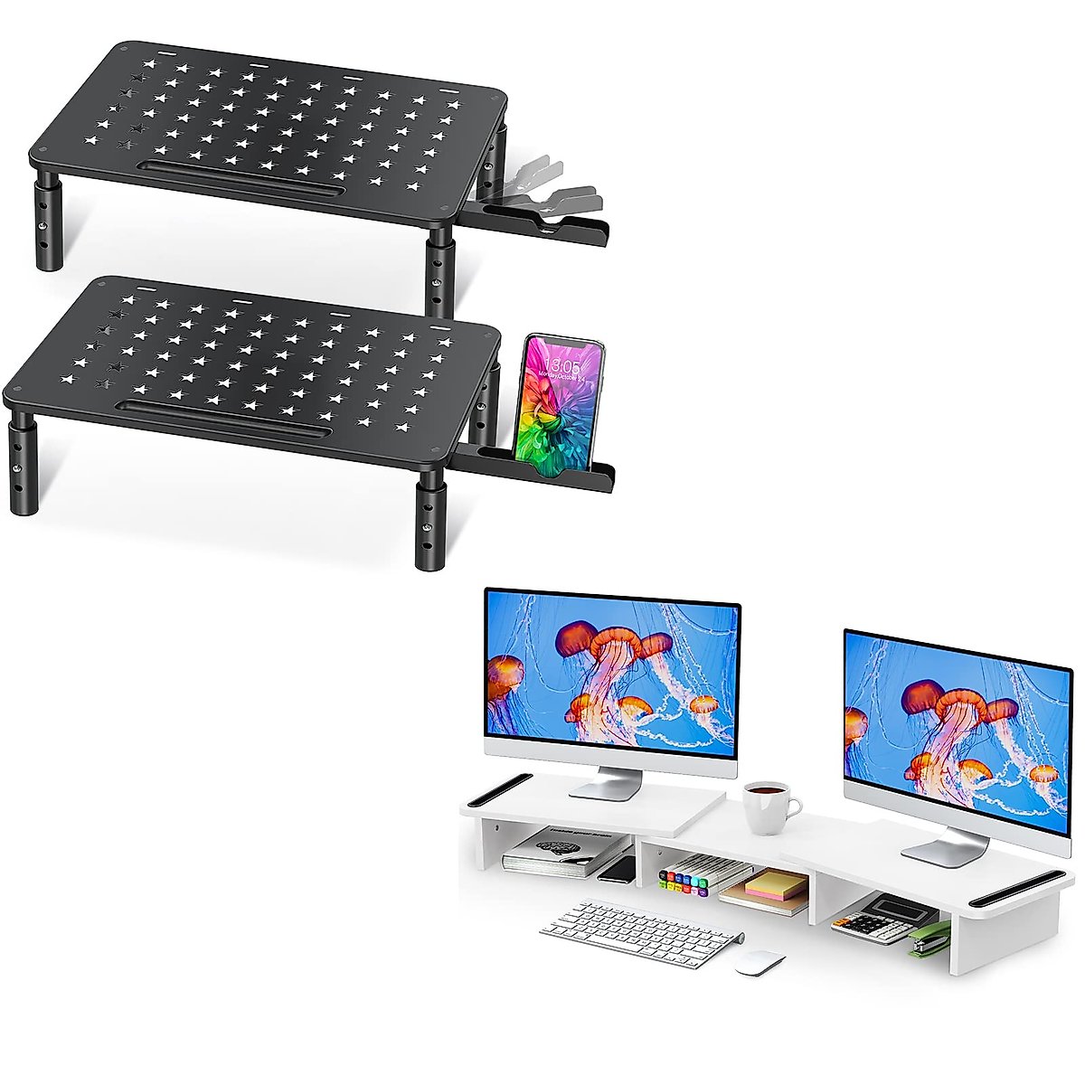 Zimilar 2 Pack Monitor Stand Riser, 3 Height Adjustable Monitor Stand with Unique Star Mesh for Computer + Dual Monitor Stand Riser, Monitor Stand with Adjustable Length and Angle, Wood Monitor riser