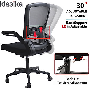 KLASIKA Desk Chairs with Wheels, Office Chair Mid Back Swivel Lumbar Support Desk Chair, Ergonomic Mesh Office Chair Adjustable Height and Home Office Chair with Flip Up Armrests (Black)