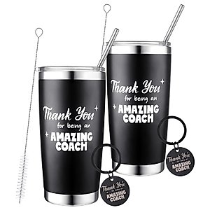 Hoemwarm 4 Pcs Coach Gifts Thank You Appreciation Tumbler Stainless Steel with Straws and Thank You Coach Gifts Keychain for Men Women Baseball Soccer Basketball Volleyball Appreciation Coach Gifts