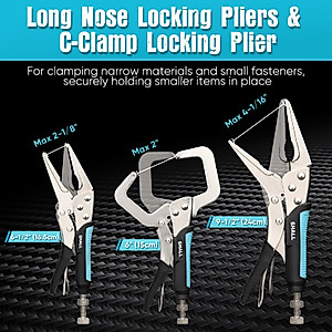 SHALL 6-Piece Locking Pliers, Vice Grips Pliers Set, 5",7" & 10" Curved Jaw Locking Pliers, 6-1/2" & 9-1/2 Long Nose Locking Pliers, 6" Locking C-Clamp, Two-Color TPR Handle, Roll Up Pouch Included