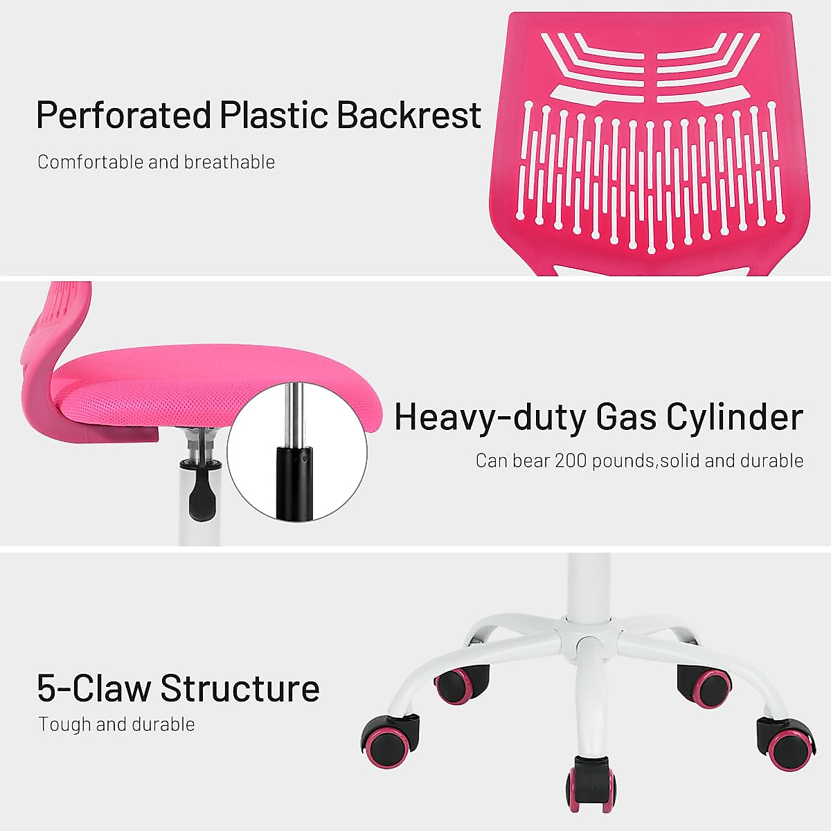 FurnitureR Desk Chair Armless Cute Home Office Desk Chair for Kids, Swivel Computer Task Chair Study Chair with Mesh Padded Cushion and Rolling Wheels for Child, Pink