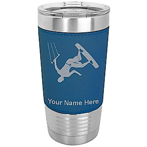 LaserGram 20oz Vacuum Insulated Tumbler Mug, Kite Surfing, Personalized Engraving Included (Faux Leather, Blue)