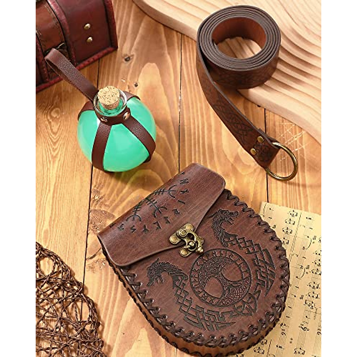 Jiuguva 3 Pcs Medieval Viking Belt Leather Renaissance Belt Pouch Cork Potion Bottle Medieval Bag Renaissance Accessories(Brown, Two Dragons)