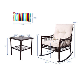 BALDPER 3 PCS Patio Conversation Chair Set with Coffee Table, Rocking Bistro Set, Outdoor Rocking Chairs Set, Wicker Furniture for Porch Deck Garden Poolside, Beige