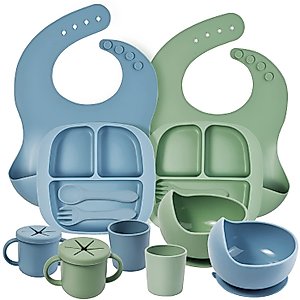 Silicone Baby Feeding Set - 14 Pack Baby Led Weaning Supplies for Toddlers, Infant First Stage Eating Set with Suction Plates & Bowls, Bibs, Water Cups, Snack Cups, Spoons and Forks (Blue & Green)