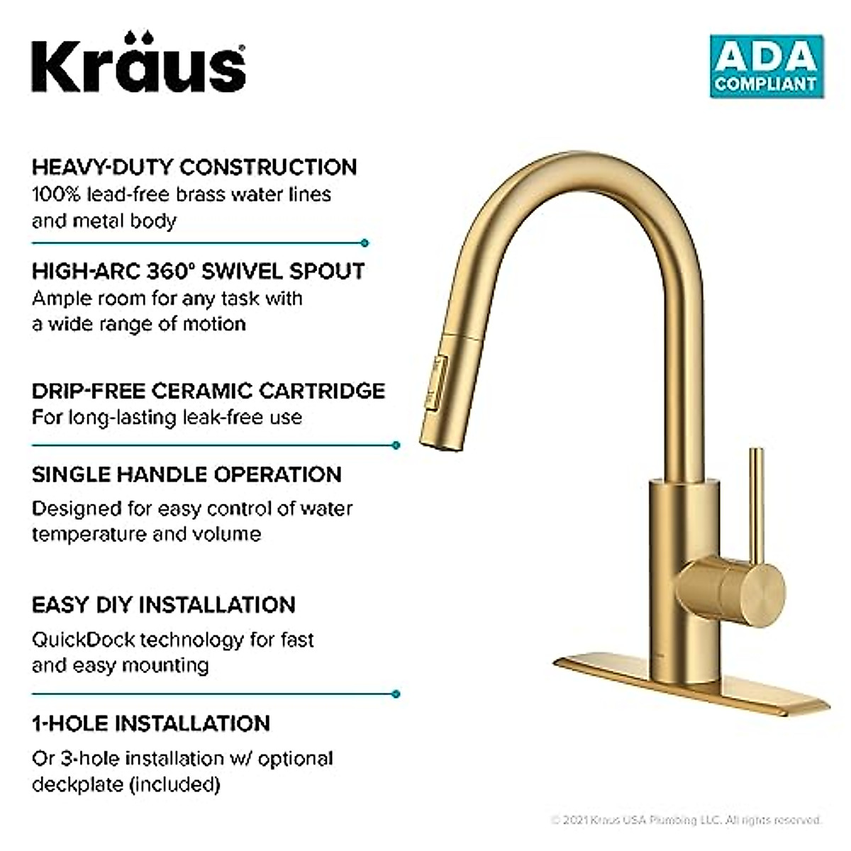 KRAUS Oletto Pull-Down Single Handle Kitchen Faucet with QuickDock Top Mount Installation Assembly in Brushed Brass, KPF-2620BB (Pack of 4)