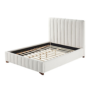 KOYVRY Tall Headboard Bed Frame - Upholstered Bed Frame with Vertical Stitching Design and Wingback Design, Bedframe with Wooden Slat Support, No Box Spring Needed (White, Queen)