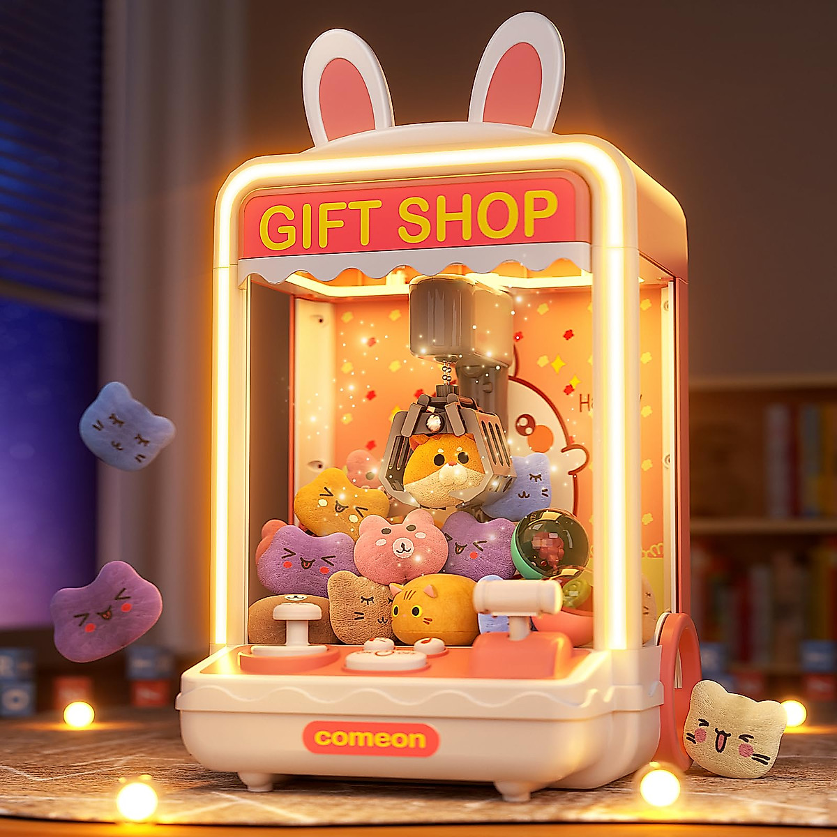 Aiqi Kids Claw Machine, Mini Candy Vending Grabber, Prize Dispenser Toys for Girls and Boys, Electronic Claw Game Machine for Party Birthdays with Lights Sound, Includes 20 Plush and 10 Mini Toys