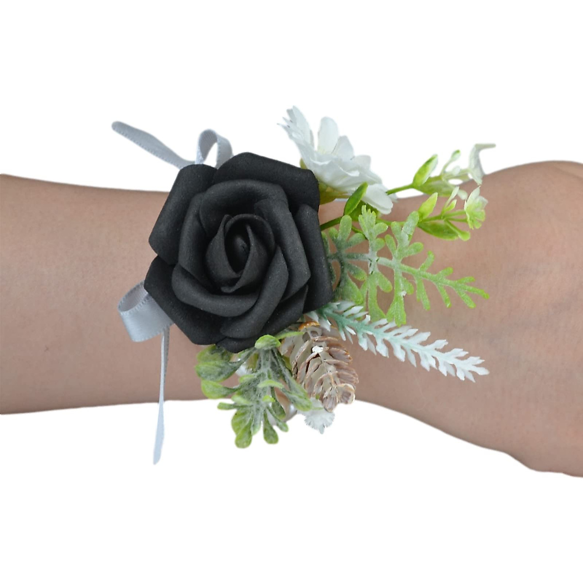 Maizoon Handmade Black Art Rose Flower, Silk Flower Ribbon Flower Corsage, Art Event, Holiday Celebration, Special Large Event, Prom Flower Party Men Suit Accessories. (2pcs Black Boutonniere)