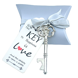 50pcs Wedding Favor Souvenir Gift Set Pillow Candy Box Vintage Skeleton Key Bottle Openers Escort Gift Card Thank You Tag French Ribbon(Antique Silver)
