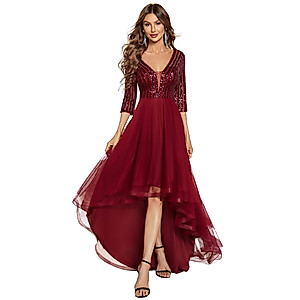 Ever-Pretty Women's High Low A-Line Sequin 3/4 Sleeve Tulle Evening Party Dress Burgundy US4