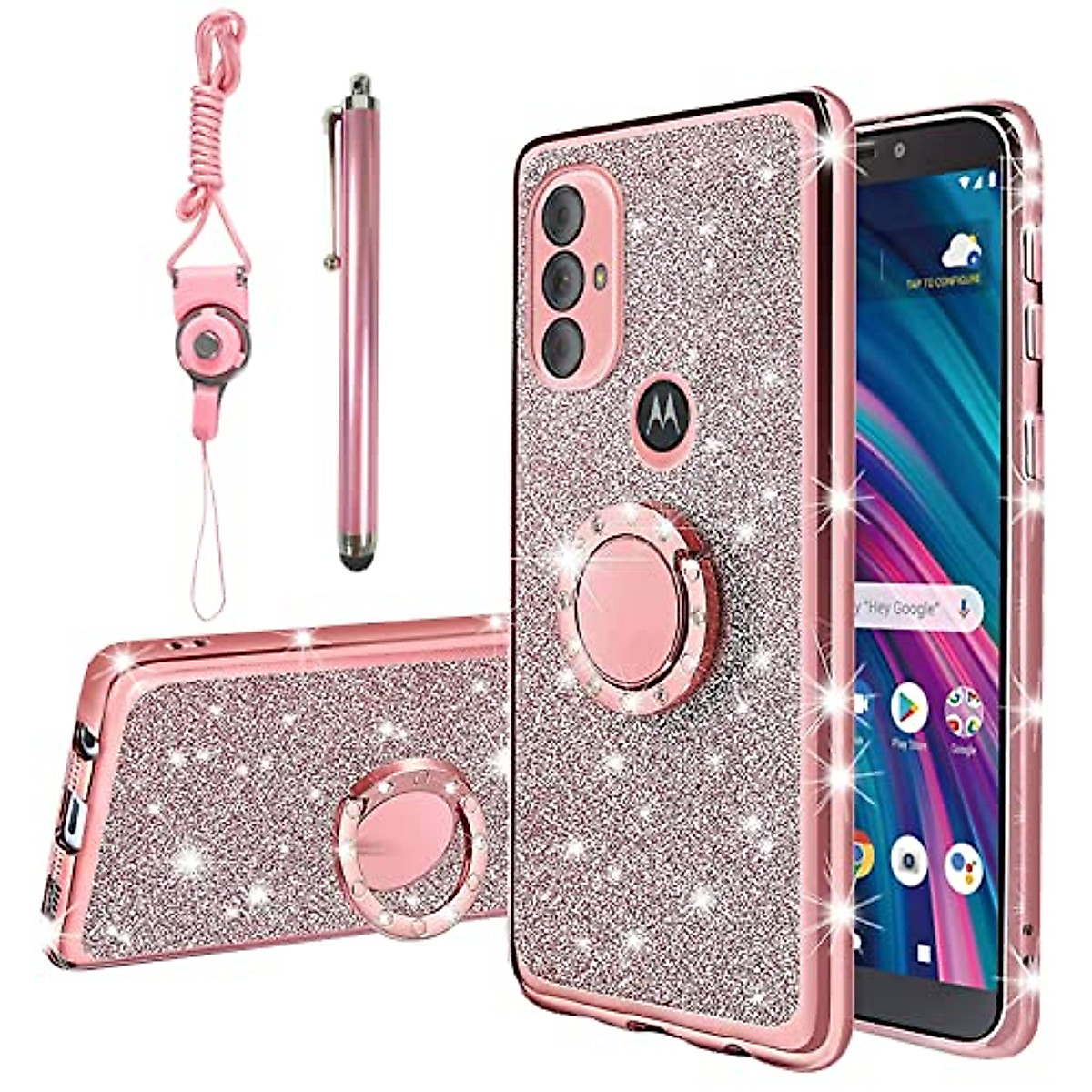 KuDiNi for Moto g Pure Phone Case, Moto g Power 2022 Case Moto G Play 2023 Case for Women Glitter Clear TPU Luxury Bling Protective Cover with Kickstand Strap for Moto g Pure(Glitter Rose)
