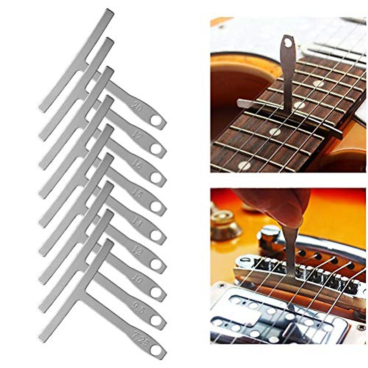 TIMESETL 17 Pcs Guitar Luthier Tools Including 4 Guitar Notched Radius Gauges, 9 Understring Radius Gauge Luthier Tools, 32 Blades Feeler Gauge, String Action Gauge Ruler and 2 Fingerboard Guards