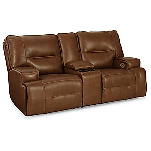 Signature Design by Ashley Francesca Modern Tufted Leather Power Reclining Loveseat with Console and Adjustable Headrest, Dark Brown
