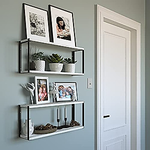 Wallniture Roca White Floating Shelves for Wall Storage, 24"x6" Floating Bookshelf for Living Room Decor, 2 Tier Wood Shelf Set of 2