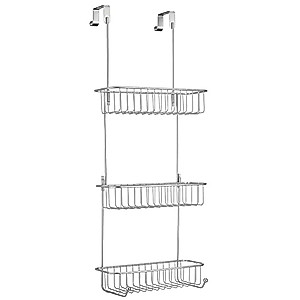 mDesign Metal Over Shower Door Caddy, Hanging Bathroom Storage Organizer Center with Built-In Hooks and Baskets on 3 Levels for Shampoo, Body Wash, Loofahs - Chrome