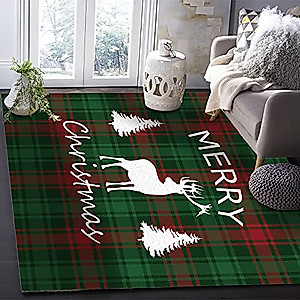 Area Rug Absorbent Non-Slip Rectangle Rug Merry Christmas Elk and Christmas Tree Red and Green Plaid Rugs for Living Room Bedroom Kitchen Entryway, Soft Floor Mat Indoor Carpet Accent Rugs 2x3 Feet