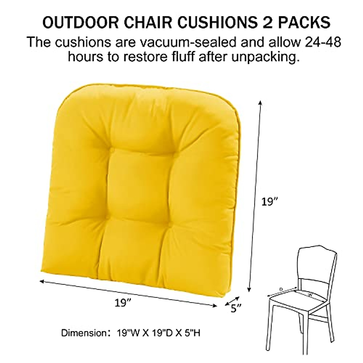 downluxe Outdoor Chair Cushions, Waterproof Tufted Overstuffed U-Shaped Memory Foam Seat Cushions for Patio Funiture, 19" x 19" x 5", Yellow, 2 Pack