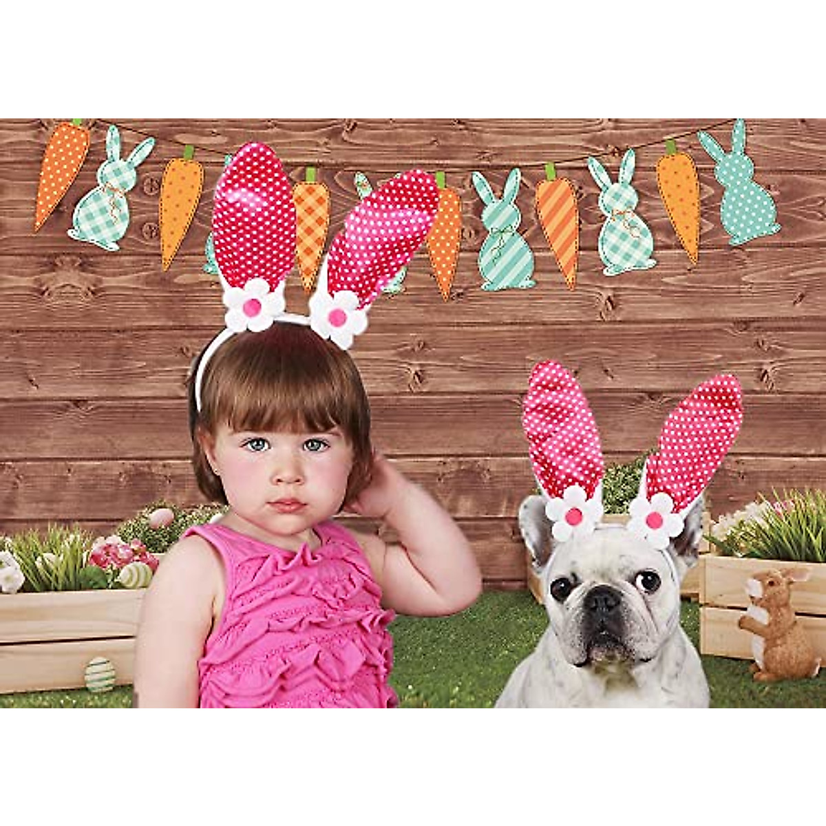 Happy Easter Backdrop Spring Rabbit Carrot Green Grass Eggs Baby Shower Backdrop Brown Wooden Wall Easter Party Decoration (7x5ft)