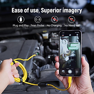 DEPSTECH Endoscope Camera with Lights, 7mm Slim Probe Borescope Inspection Camera with Bluart 3.0 Tech, 16.4ft Semi-Rigid Cable, IP67 Waterproof Snake Camera for IOS 12.0+ Device,Gadget for Men-Yellow