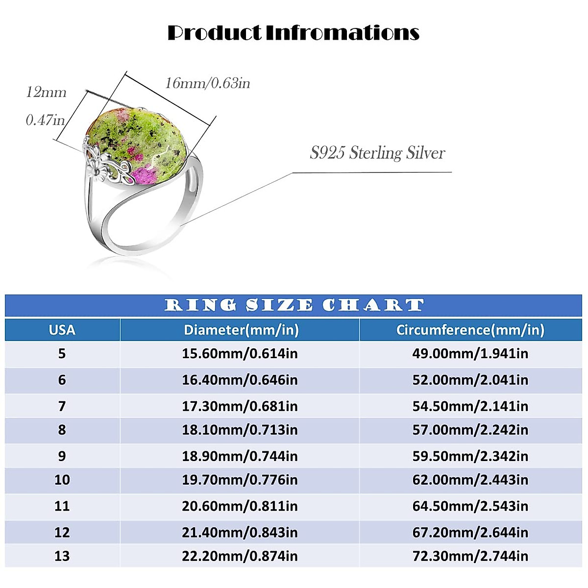 DALEGEM Natural Oval Green Epidote Quartz Crystal Jade Jasper Stone Ring for Women ,S925 Sterling Silver Edged with Flower Vine Oval Thick Natural Genuine Color Colorful Quartz Crystal Gemstone Engagement Wedding Turkish Turkey Stone Ring Jewelry (Ring_B,
