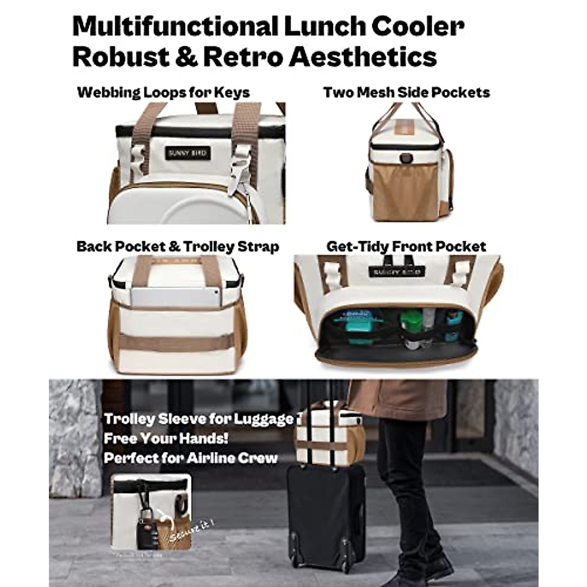 SUNNY BIRD 12L Large Insulated Lunch Bag, Leakproof and Foldable Lunch Cooler Box for Women Adult and Men, Fits 18 Cans (Ivory White 01)