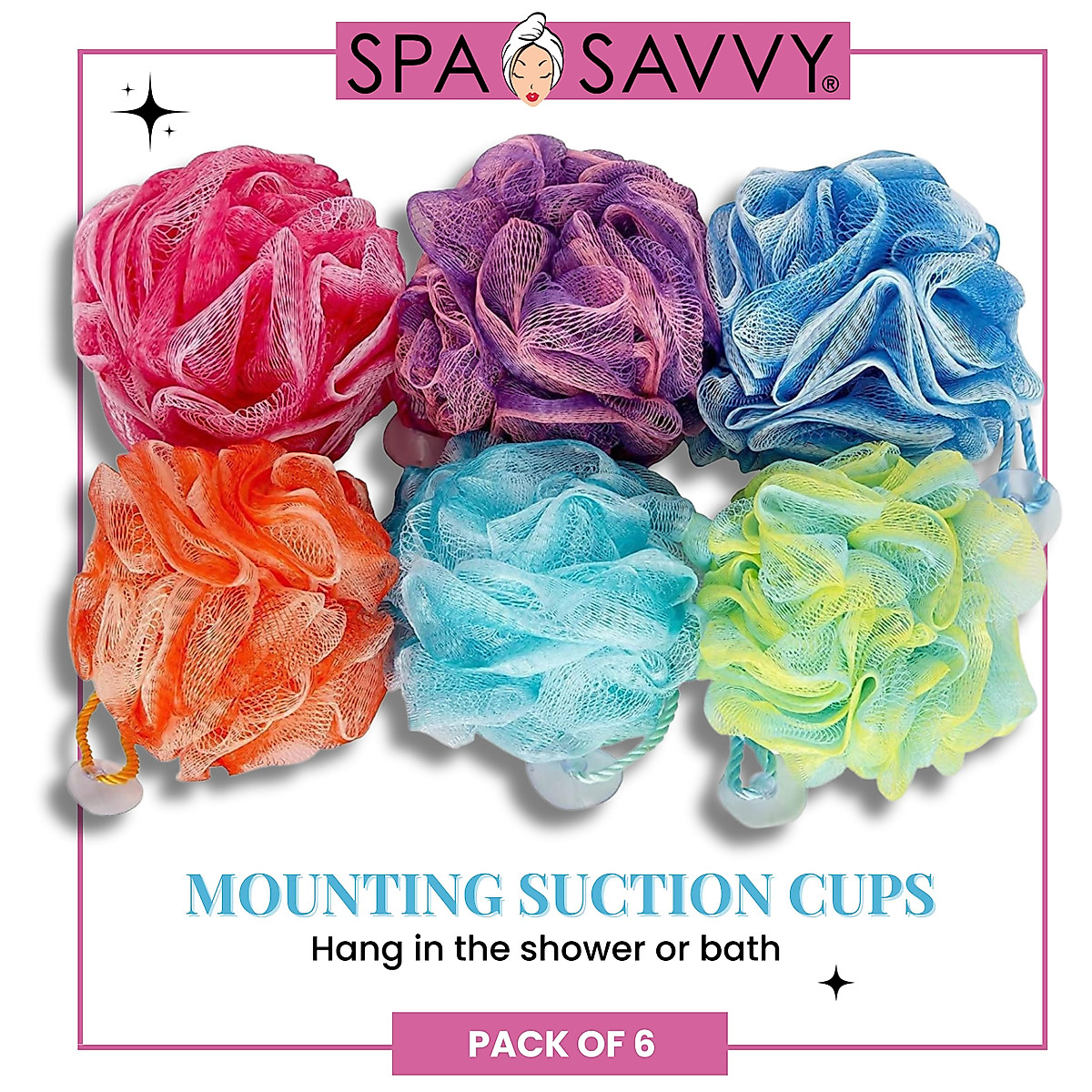 Spa Savvy Bath Loofah Set, Pack of 6 Shower Body Sponges with Suction Cups for Men and Women, Exfoliating Pouf Bath Accessories, Multicolor