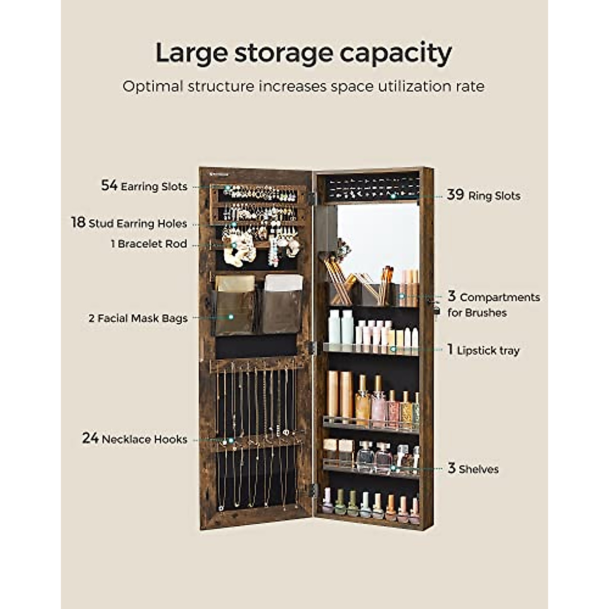 SONGMICS Jewelry Cabinet Armoire, Wall/Door Mount Storage Organizer with Full-Length Mirror, Lockable Cabinet with Built-in Small Mirror, Shelves, Gift Idea, Rustic Brown UJJC003X01