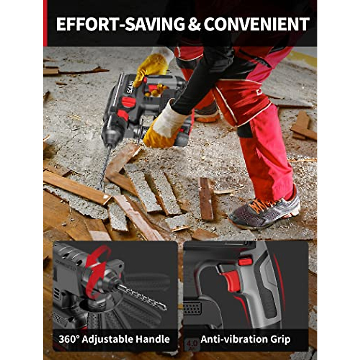 Brushless Heavy Duty Rotary Hammer Drill, 20V Cordless Hammer Drill with 4.0Ah Battery/Charger, SDS Chuck, 4 Modes, Adjustable Handle, Electric Hammer Drill for Wall, Concrete, Brick, Metal, S521-1