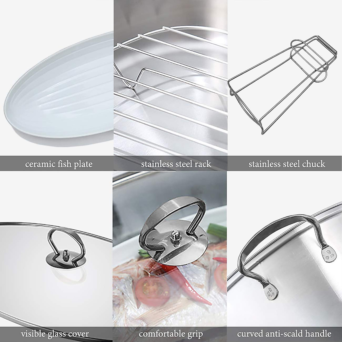 Eglaf 8Qt Stainless Steel Fish Steamer - Multi-Use Oval Cookware with Rack, Ceramic Pan, Chuck - Stockpot for Steaming Fish, Boiling Soup