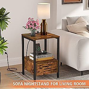 EnHomee Nightstand Set of 2 with Charging Station and 2 USB Ports 2 Outlets, Bedside Table with Wood Drawers, Industrial Bed Side Table, Night Stand for Bedroom Living Room, Easy Assembly,Rustic Brown
