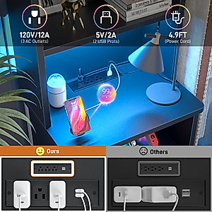 Black Nightstands Set of 2 with Charging Station & LED Lights - 47" Tall Bedside Table with Adjustable Shelf, Industrial End Table with Storage Cabinet for Bedroom Home Office, Black