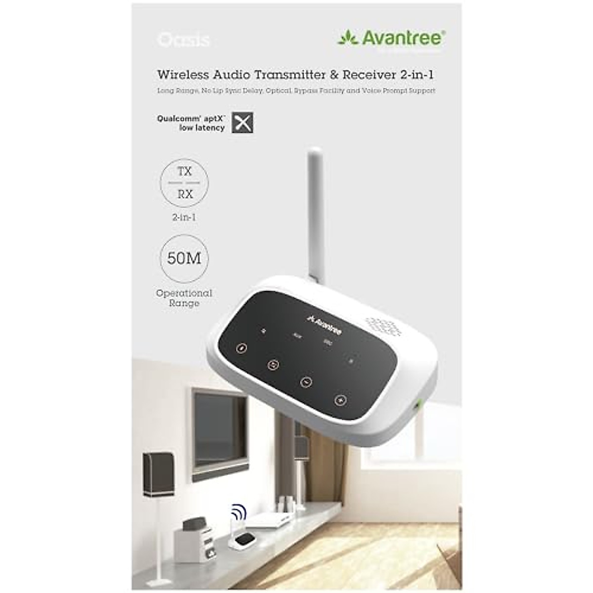 Avantree Oasis B – Bluetooth Transmitter & Receiver for TV with Dual Link Capabilities, Pass-Through Features, and No AudioDelay, Class 1 Long Range, LED Indicator, Optical AUX RCA
