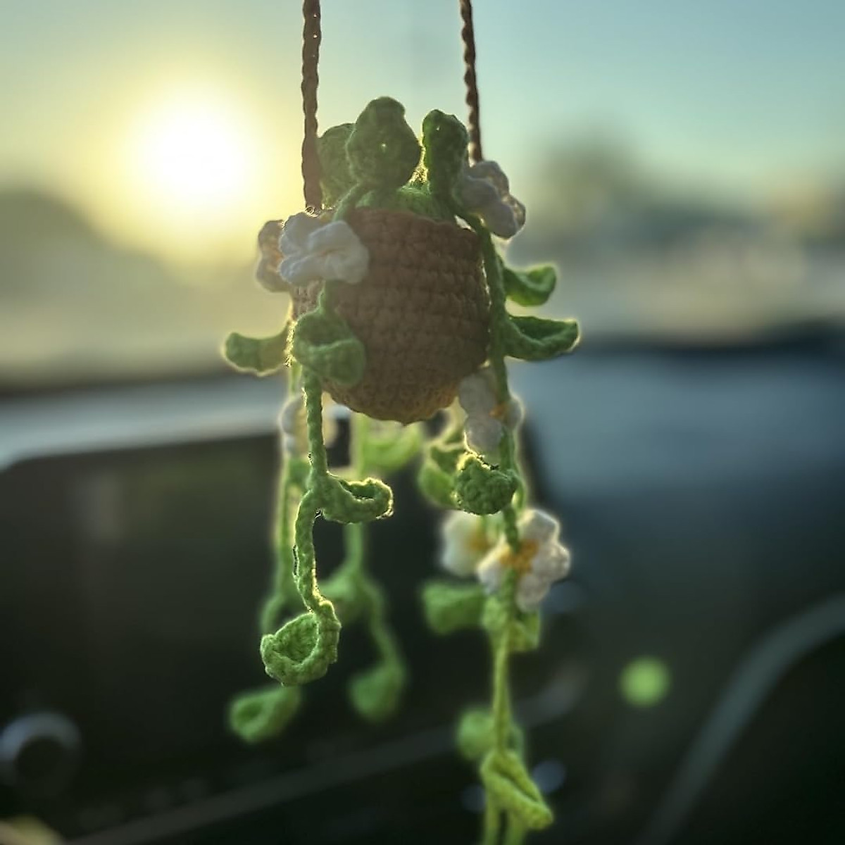 Car Mirror Hanging Accessories ， Car Rearview Mirror Decor，Cute Crochet Orchid Hanging Ornament for Women, Pendant Plant for Gift-Handmade Knitted(White Flowers)