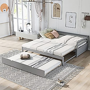 Classic Solid Wooden Daybed with Pop Up Trundle Twin to King Extendable Sofa Bed for Living Room Bedroom Guest Room Space Saving, Gray