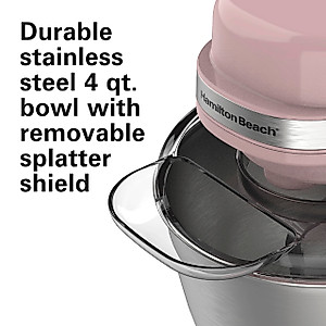 Hamilton Beach Electric Stand Mixer, 4 Quarts, Dough Hook, Flat Beater Attachments, Splash Guard 7 Speeds with Whisk, Rose