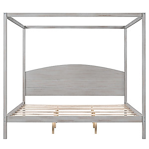 Prohon King Canopy Bed with Headboard, Wooden Canopy Bed Frame w/Extra Support Legs, King Size Platform Bed for Kids, Teen, Adults, No Box Spring Needed, Easy to Install, Grey
