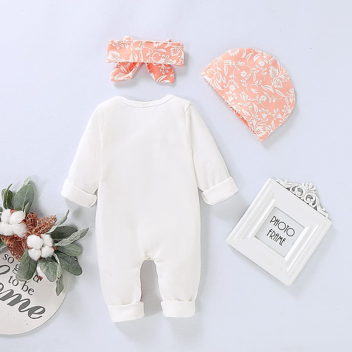 ChicRosa Baby Girl Clothes Little Baby Sister Newborn Outfit Long Sleeve Romper + Hat + Headband 3Pc Infant Clothing Set 0-3 Months