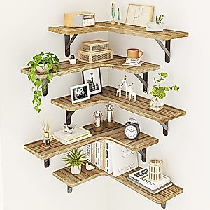 Fixwal Corner Floating Shelves, Wall Mounted Corner Shelf Set of 5, Rustic Wood Wall Shelves for Bathroom, Kitchen, Bedroom or Living Room (Carbonized Black)