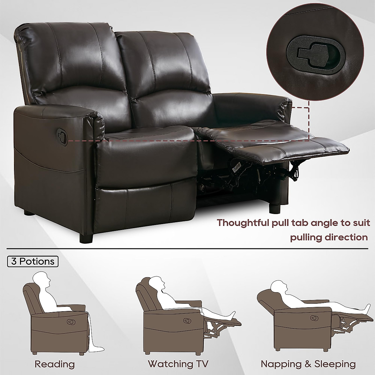 TUNYI 48.2" Loveseat Recliner RV Sofa - Double Manual Recliner Loveseat Glossy Leather Reclining Loveseat RV Furniture with 1" Leg and Side Pocket for Living Room/Apartment/RV (Brown)