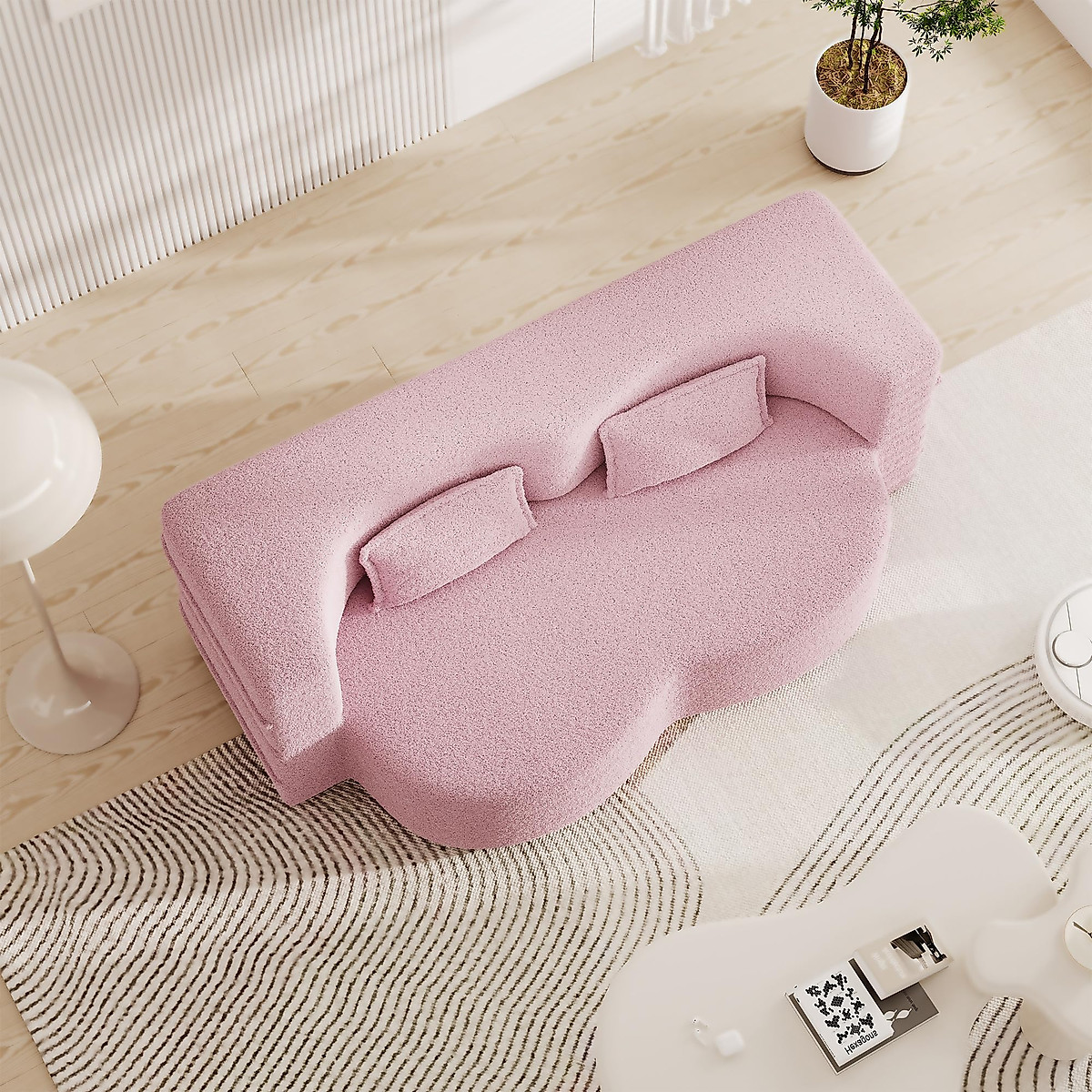 Tmsan 78" Teddy Loveseat Sofa Cloud Couch, 2 in 1 Convertible Sleeper Sofa Bed Full Size, Modern Boucle Floor Sofa Guest Bed with 2 Pillows for Living Room Apartment Office (Pink)