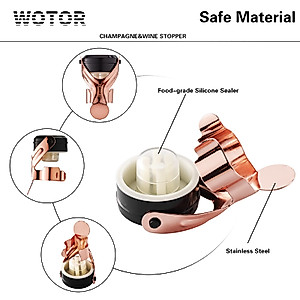 WOTOR Champagne&Wine Bottle Stoppers Stainless Steel with Food Grade Silicone, Leak Proof Keep Fresh Reusable Saver, Cork Suitable for Wine, Champagne, Cava, Prosecco and Sparkling (2 Pack Rosegold）