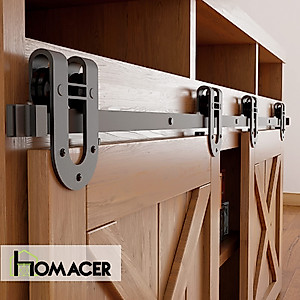 Homacer Mini Black Rustic Non-Bypass Sliding Barn Door Hardware Kit, for Two/Double Doors, 72-inch Long Flat Track, Horseshoe Design Roller, Cabinet TV Stand Console Use…