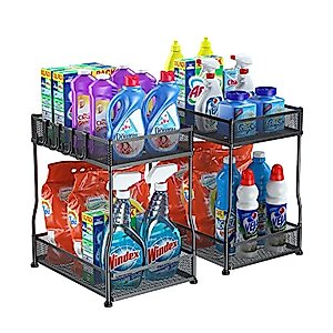 Under Sink Organizers and Storage, Bathroom Cabinet Organizer and Storage, 2 Tier Under Cabinet Organizers and Storage with 4 Hooks, Reinforced Metal Kitchen Sink Cabinet Storage Organizer-2PCK